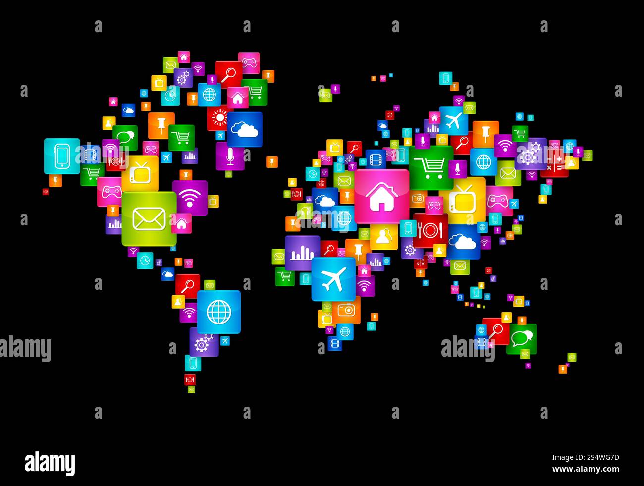 World Map made of Flying Desktop Icons. Cloud Computing concept. World ...