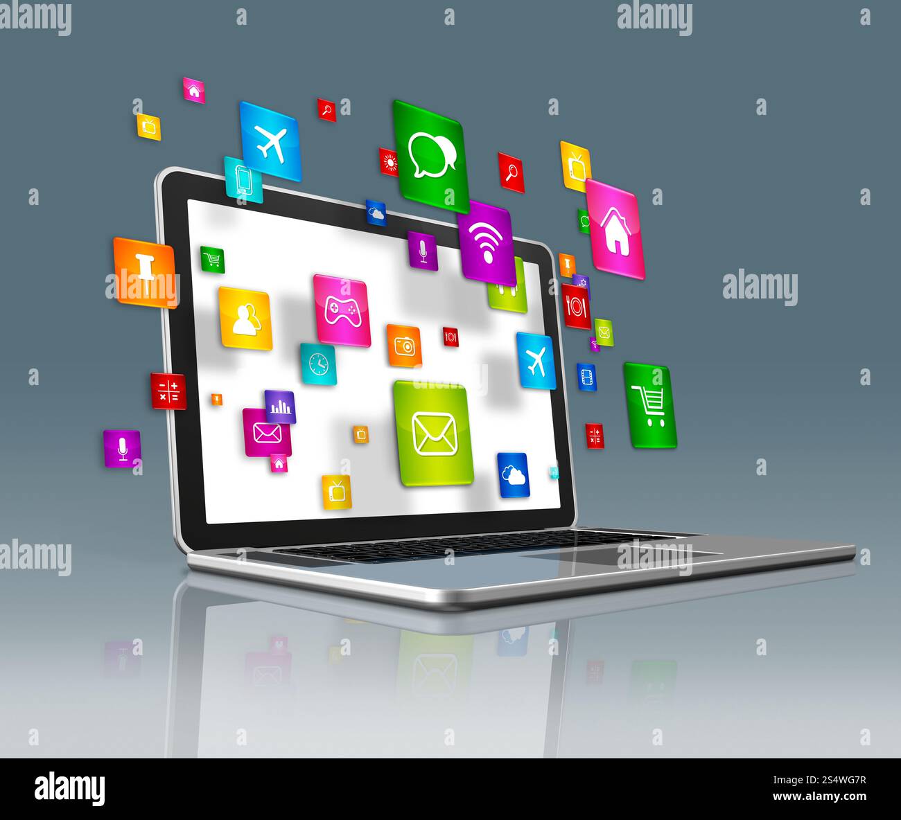3D Laptop Computer with flying apps icons - isolated on a futuristic ...