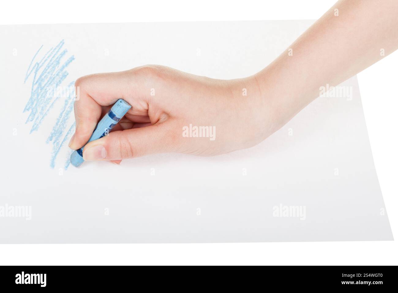 hand draws by blue chalk on sheet of paper isolated on white background ...