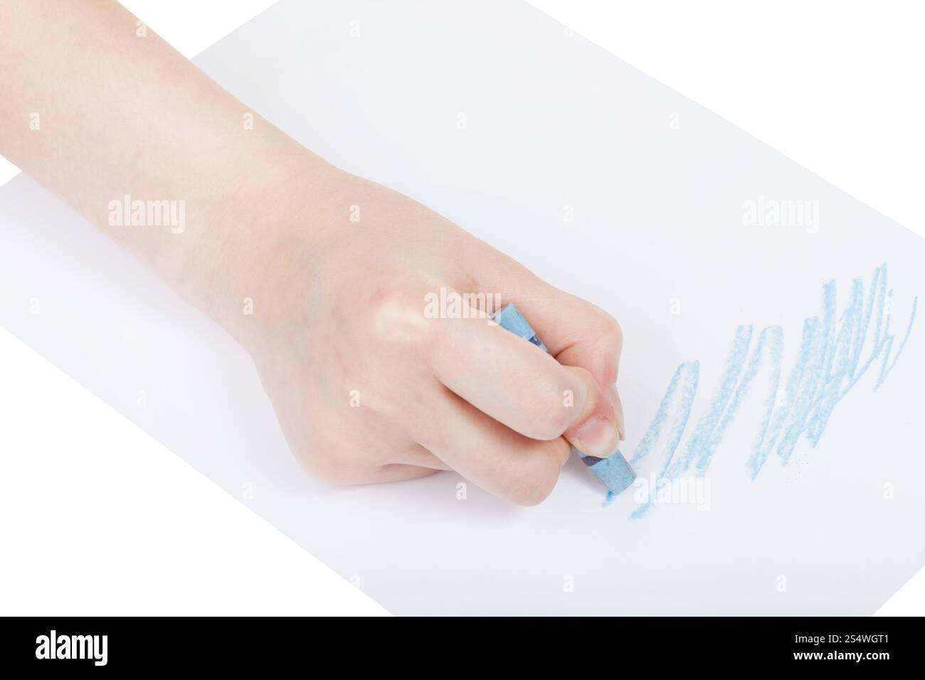 hand draws by blue pastel on sheet of paper isolated on white ...