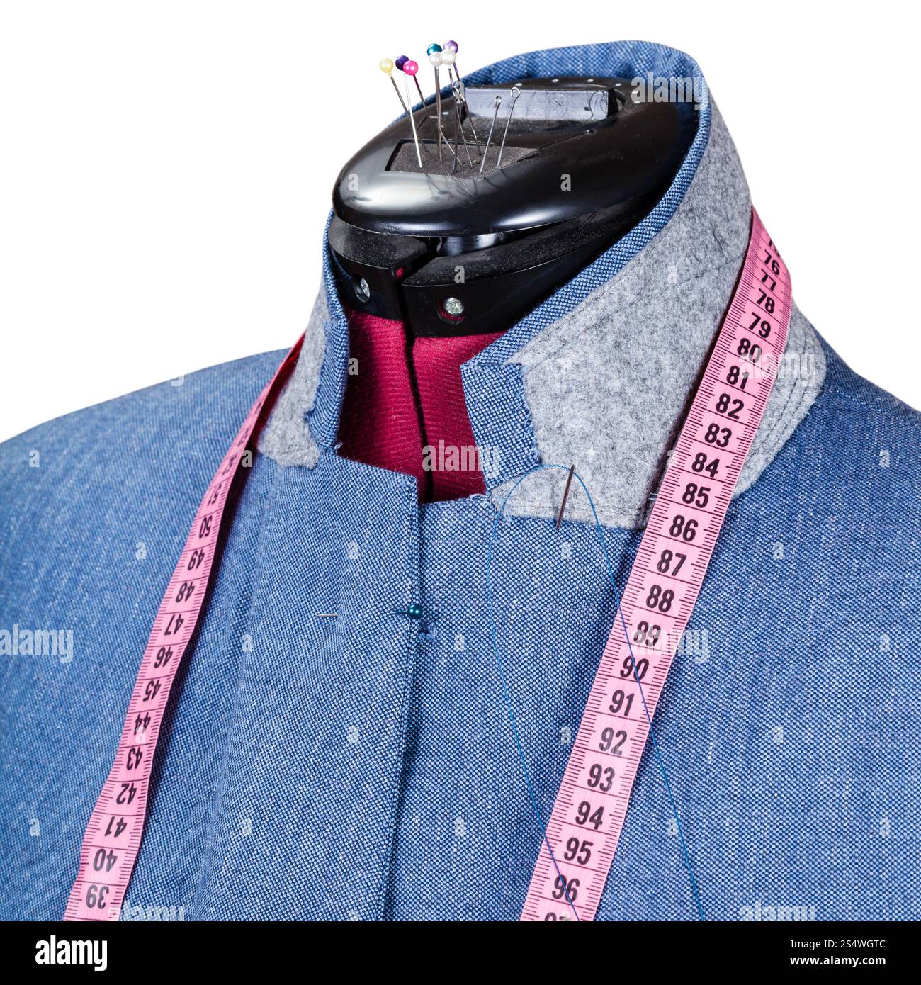 tailoring of man blue jacket on dummy isolated on white background ...