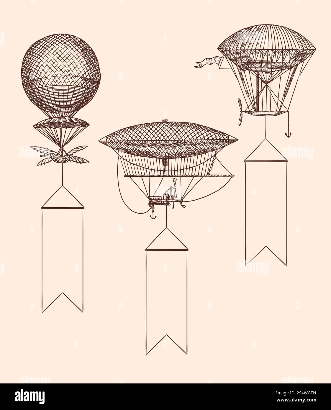 Vector set of steampunk hand drawn vintage air balloons with hanging ...