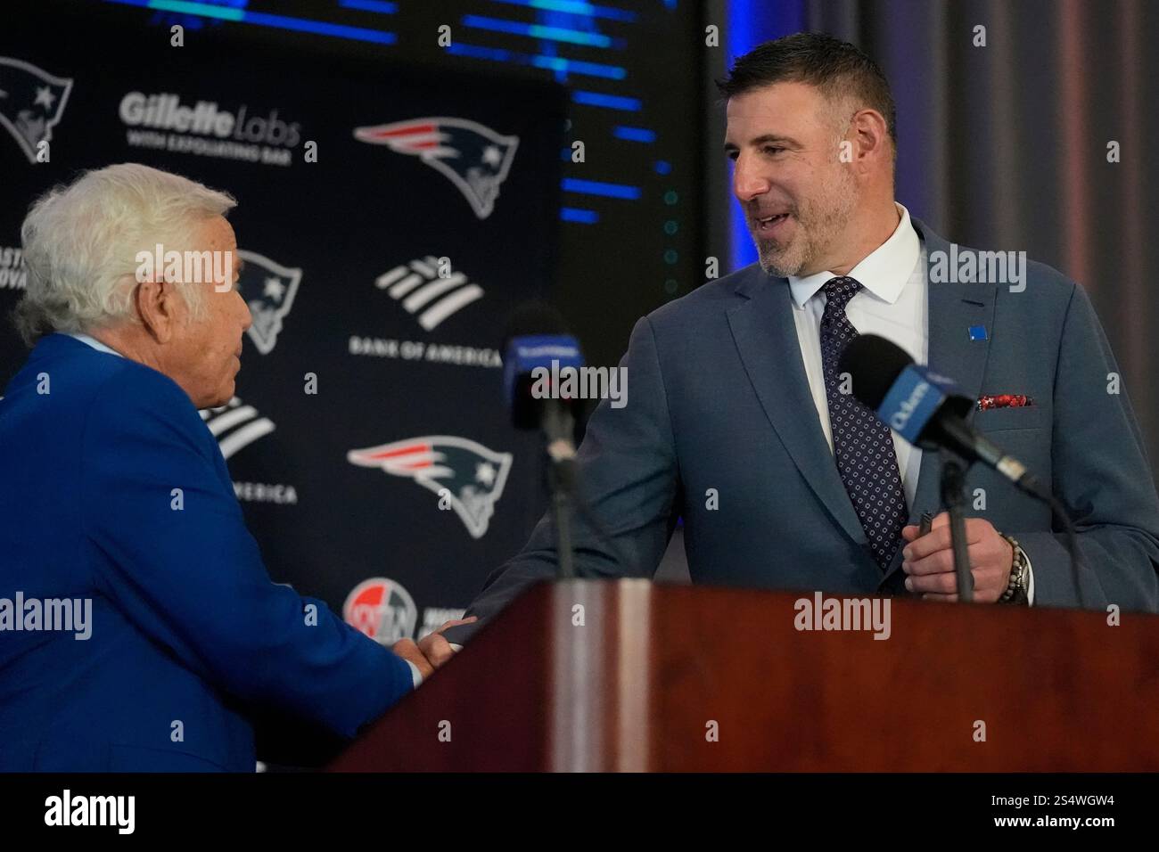 New England Patriots head coach Mike Vrabel, right, shakes hands with ...