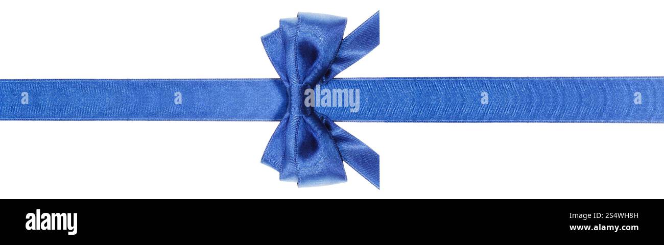 symmetric blue satin bow with horizontal cut ends on narrow ribbon ...
