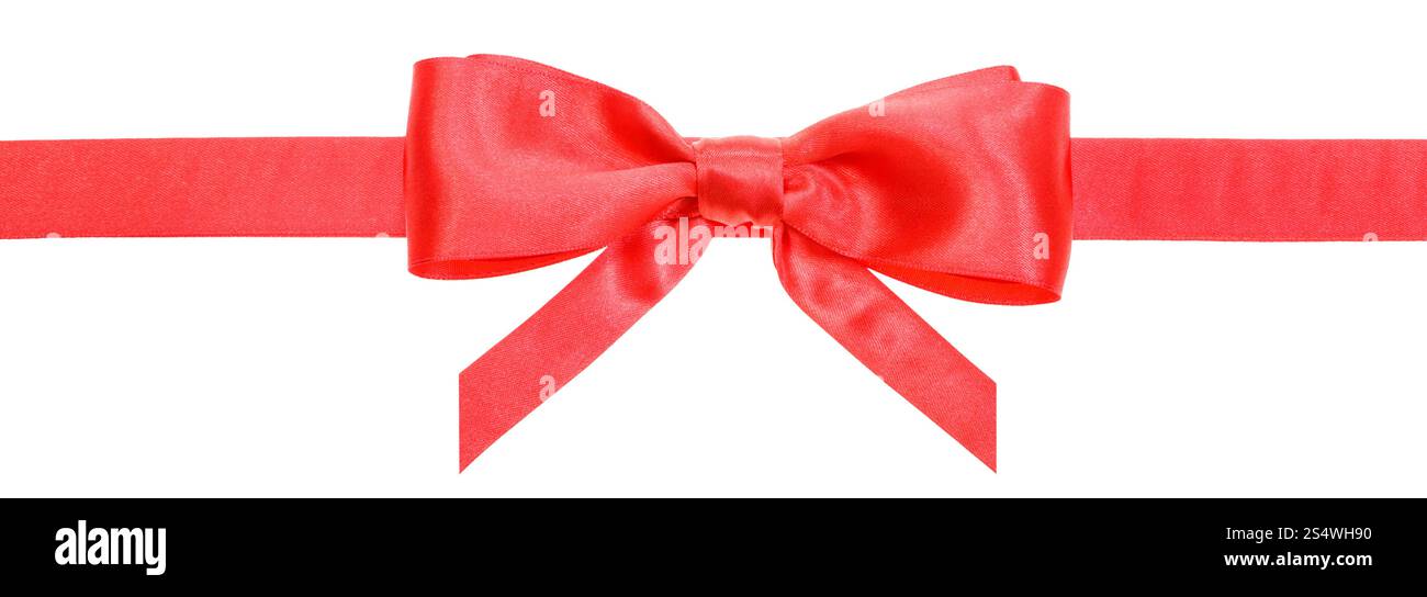 narrow red satin ribbon with real bow with vertical cut ends isolated ...