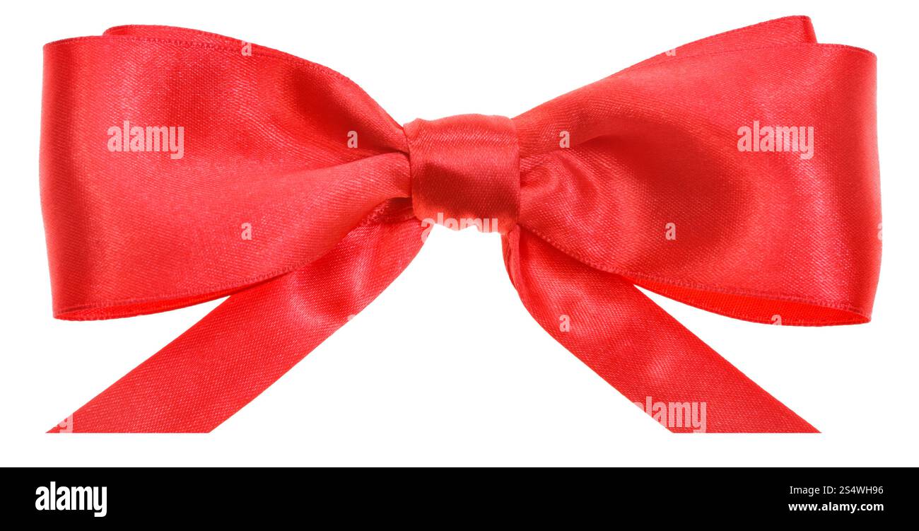 real red satin ribbon bow with horizontal cut ends isolated on white ...