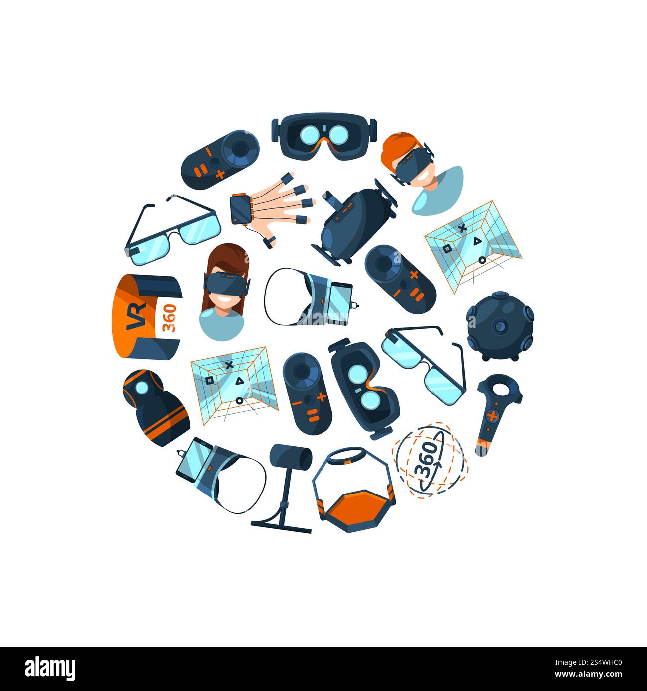 Vector flat style virtual reality elements gathered in circle ...