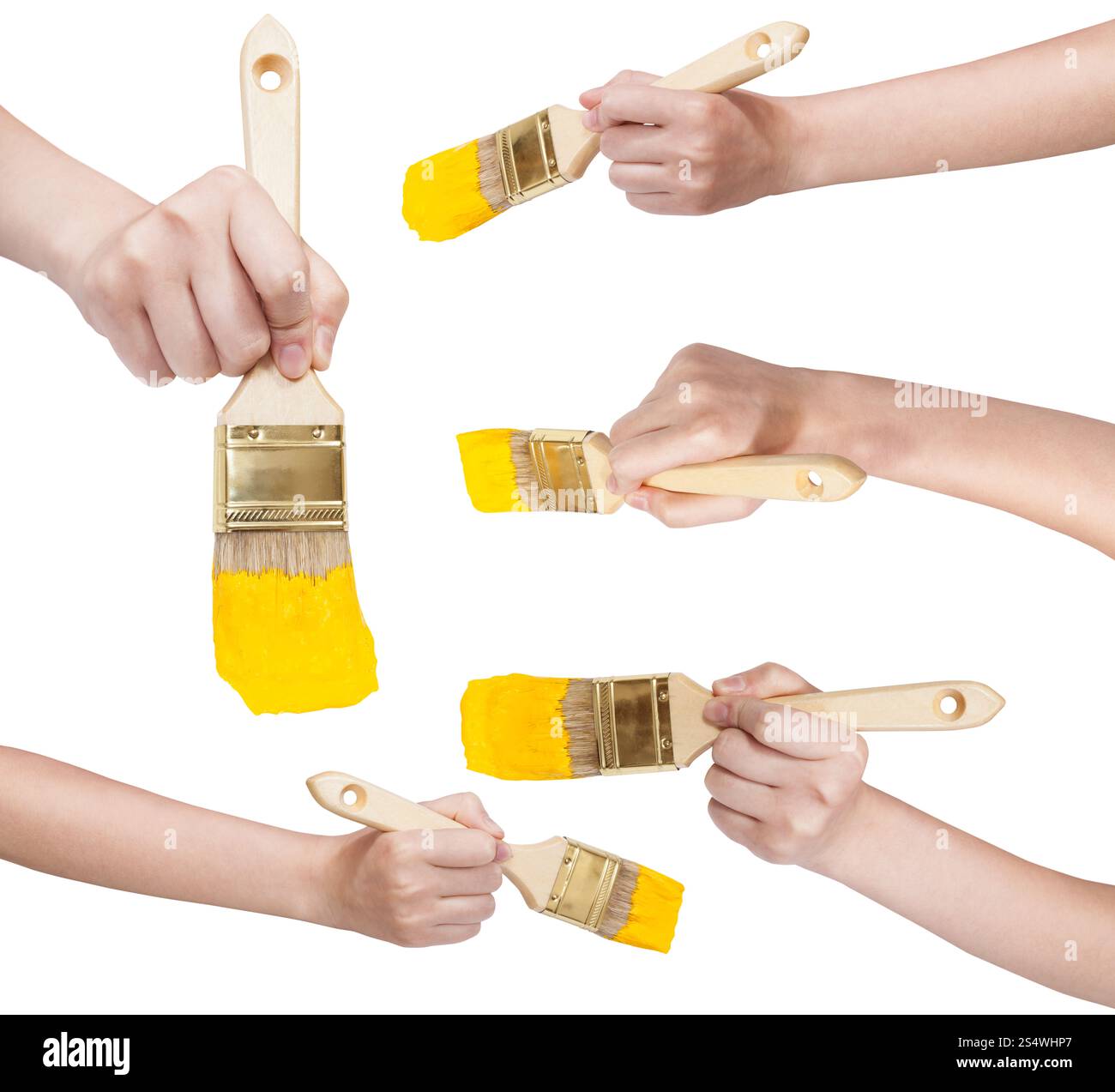set of painter hands with flat paint brushes with yellow painted tips ...