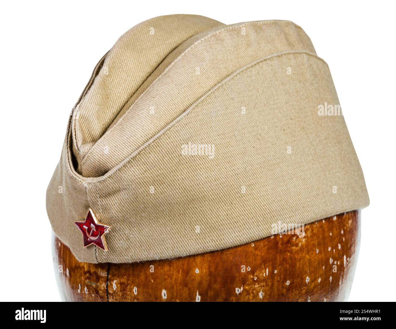 military green garrison cap with soviet red star sign on wooden dummy ...