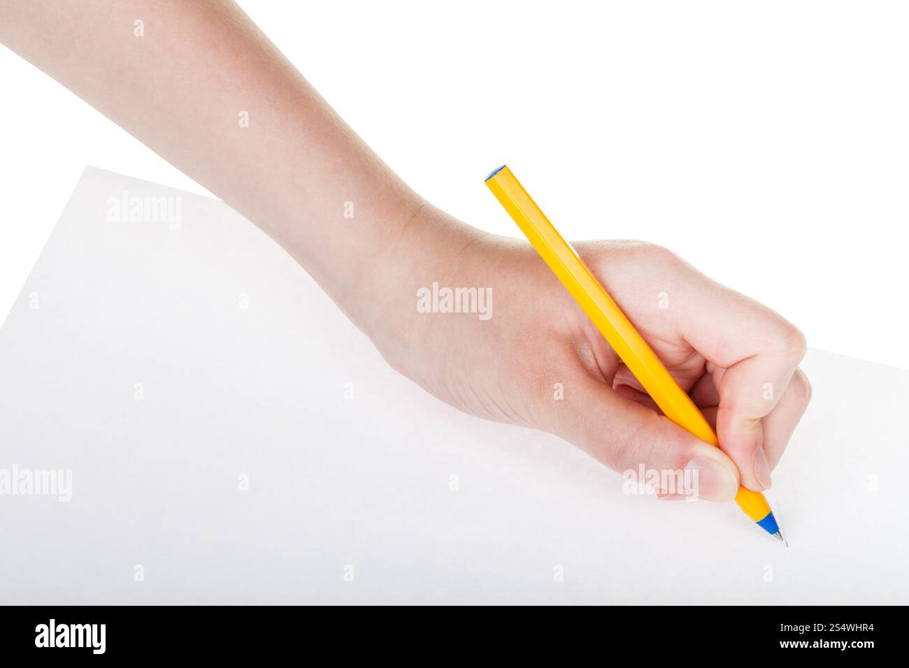 hand drafts by blue pen on sheet of paper isolated on white background ...