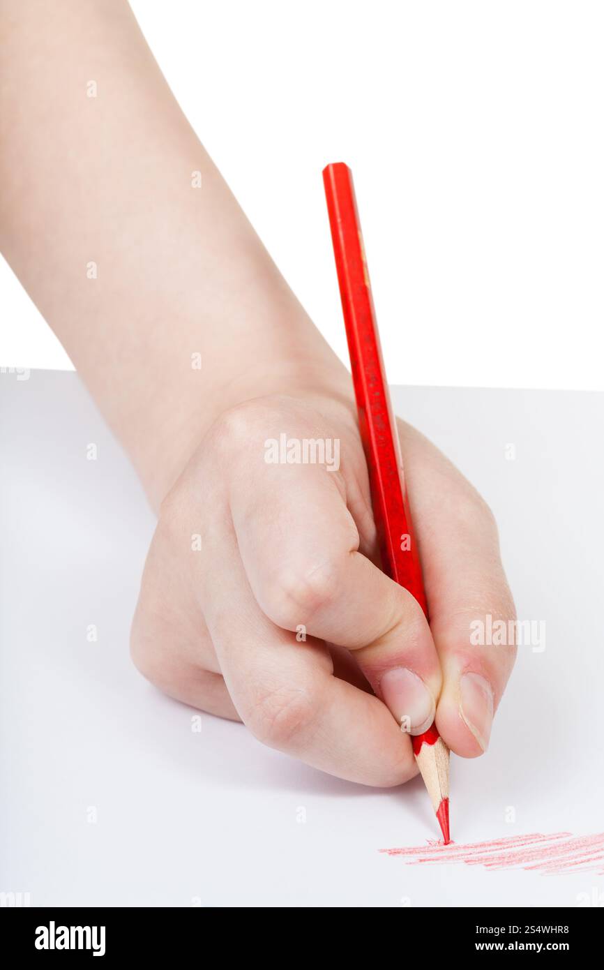 hand draws by simple red pencil on sheet of paper isolated on white ...