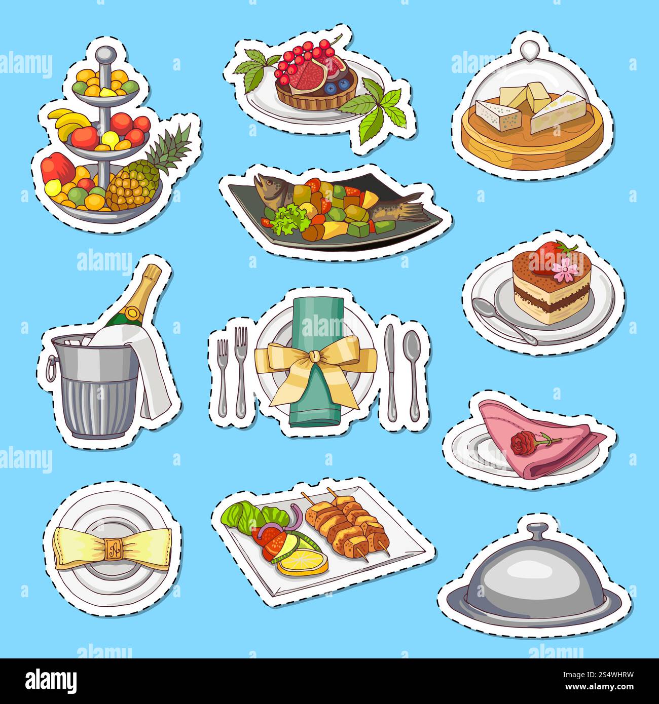 Vector hand drawn restaurant or room service elements stickers on plane ...