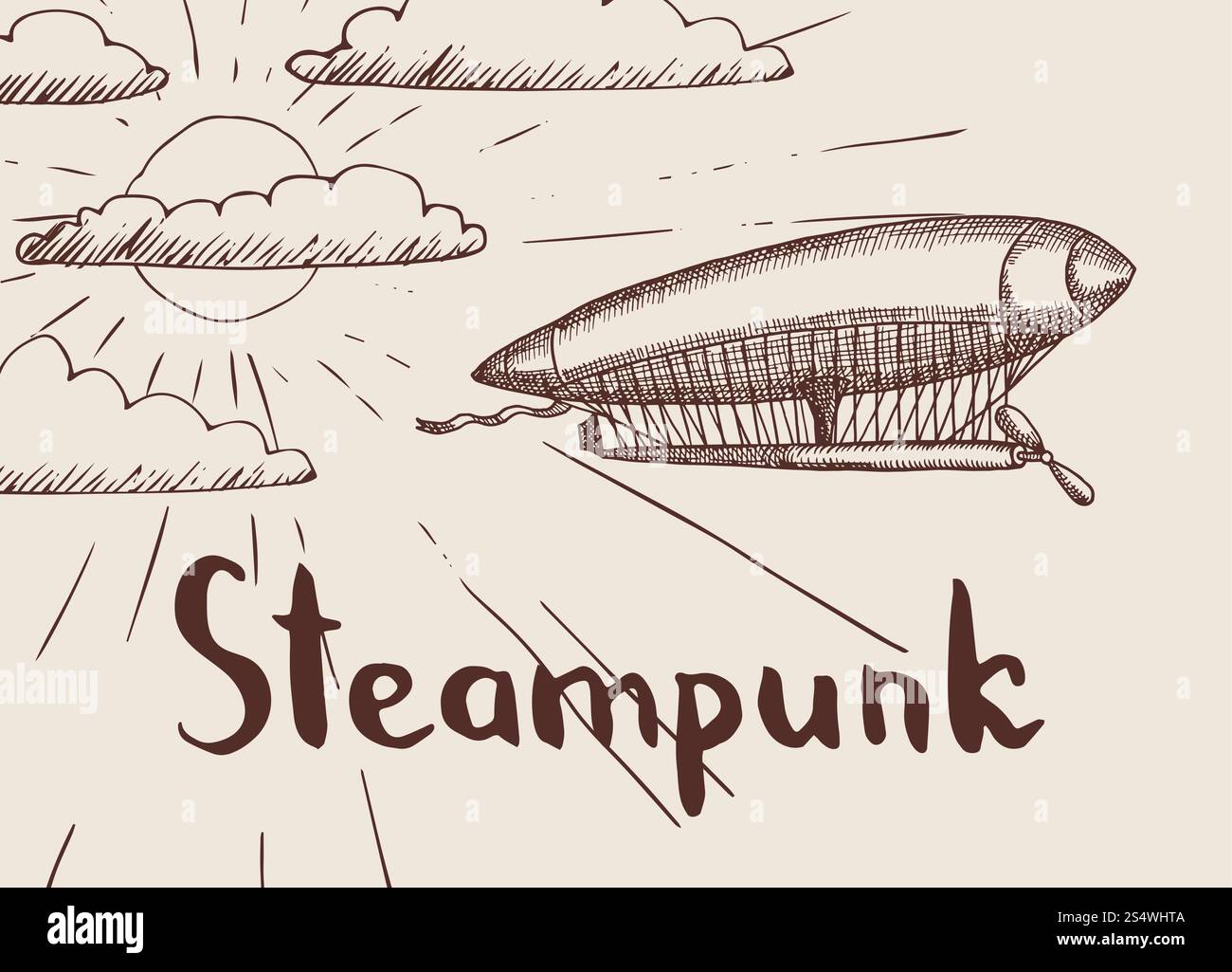 Vector background with steampunk hand drawn airship in front of sun and ...