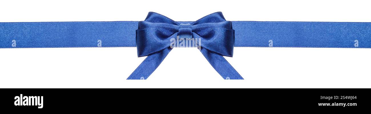 narrow blue satin ribbon with symmetric bow with horizontal cut ends ...