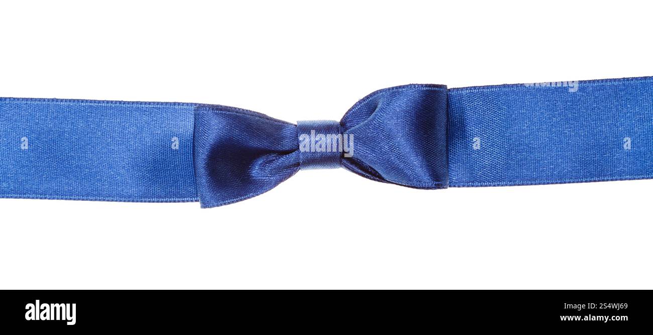 real blue bow knot on wide silk ribbon isolated on white background ...