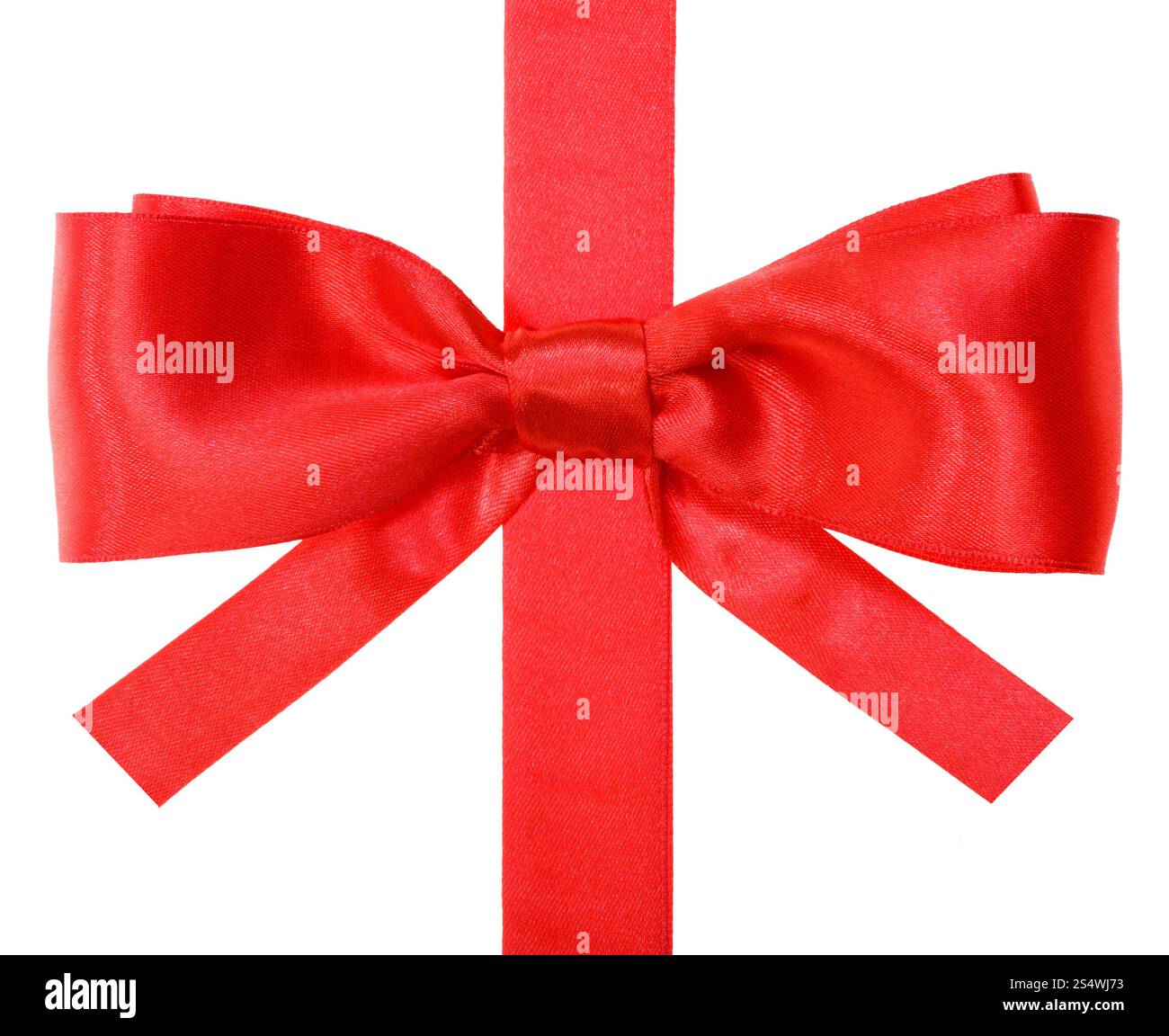 real red satin bow with square cut ends on vertical ribbon close up ...