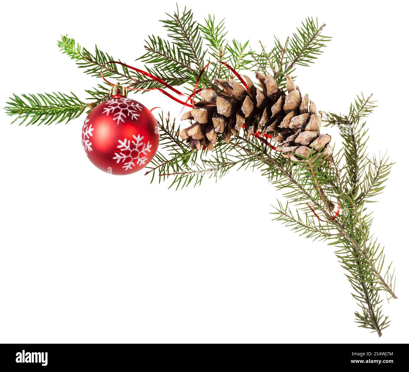 detail of christmas frame - twig of spruce tree with cone and red ball ...