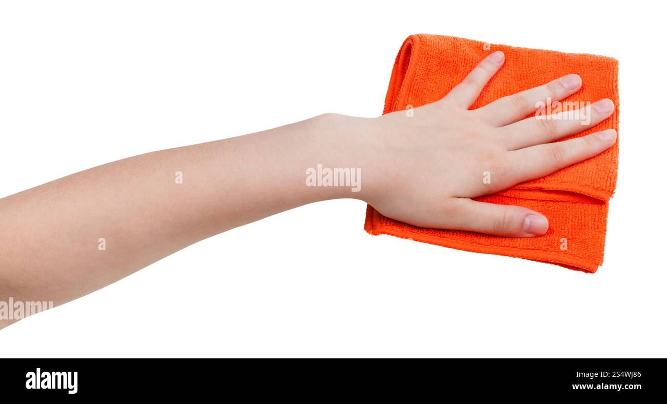 hand with orange dusting rag isolated on white background Stock Photo ...