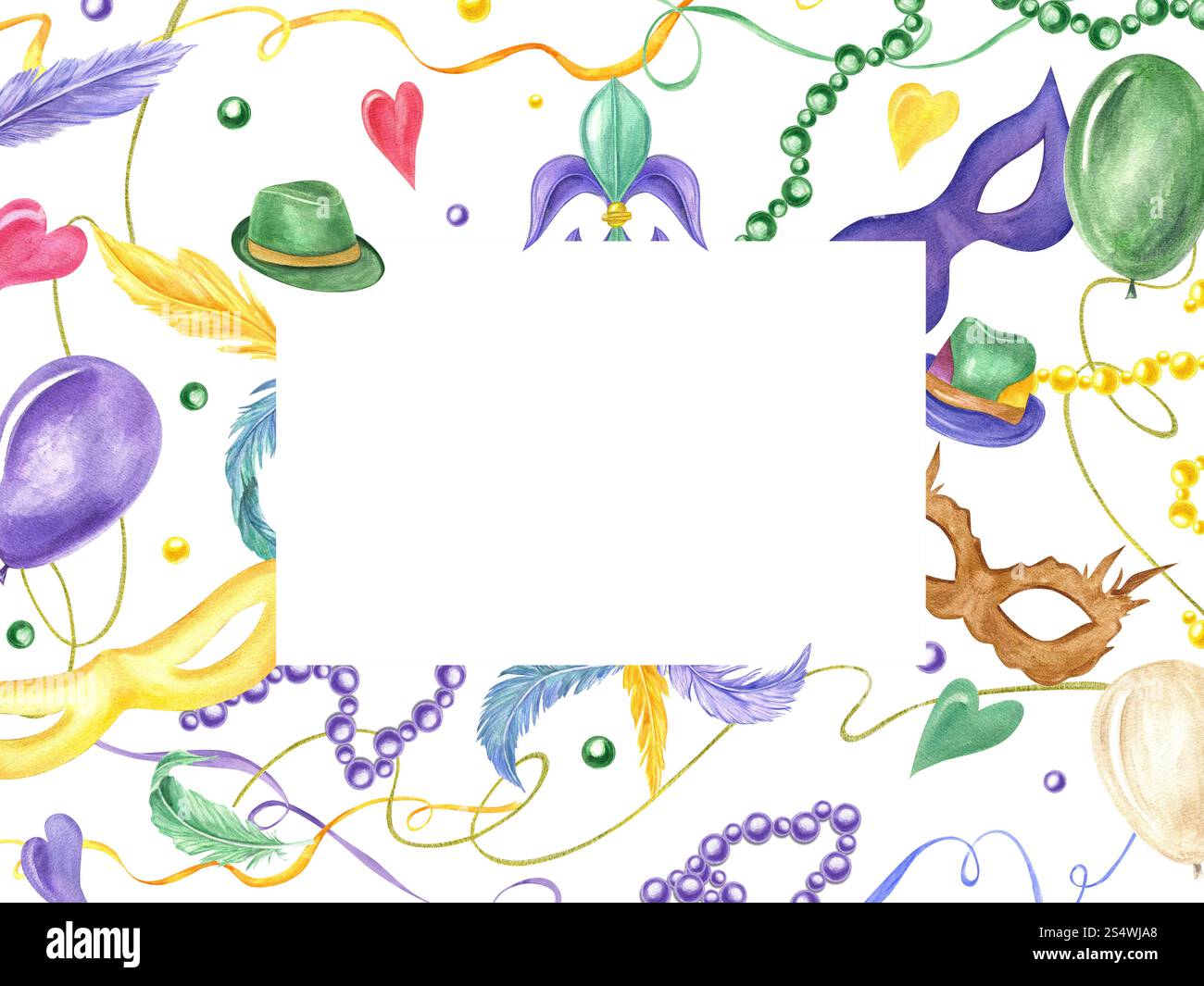 Watercolor Mardi gras elements horizontal frame. Colored hats, carnival ...