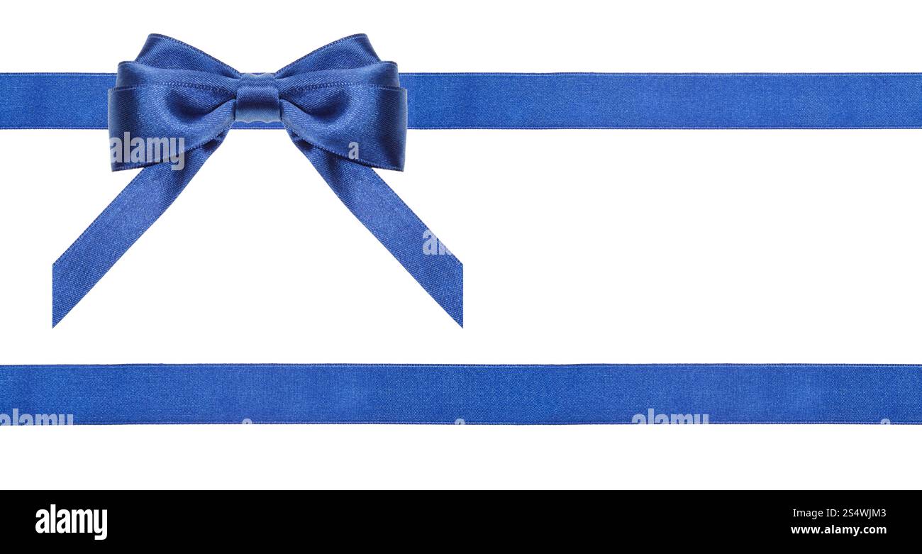 one blue satin bow in upper left corner and two horizontal ribbons ...