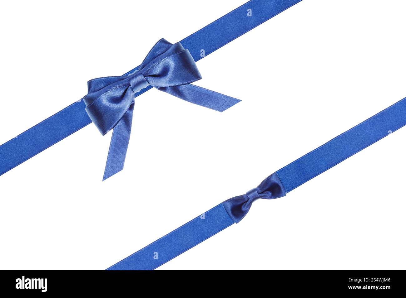 blue satin bow and knot and two diagonal ribbons isolated on horizontal ...