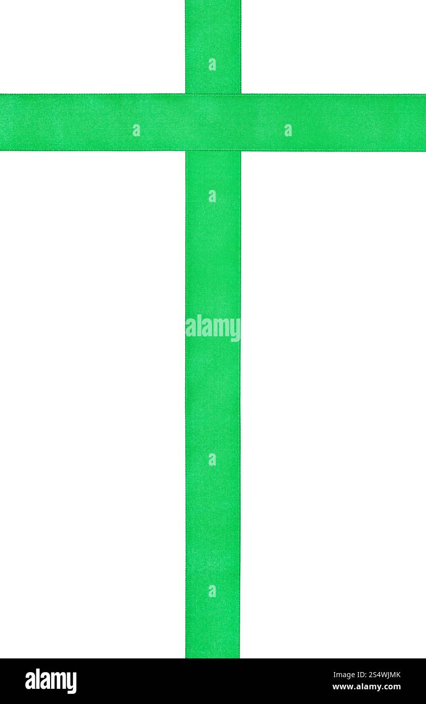 vertical set - two crossing green satin ribbons isolated on white ...