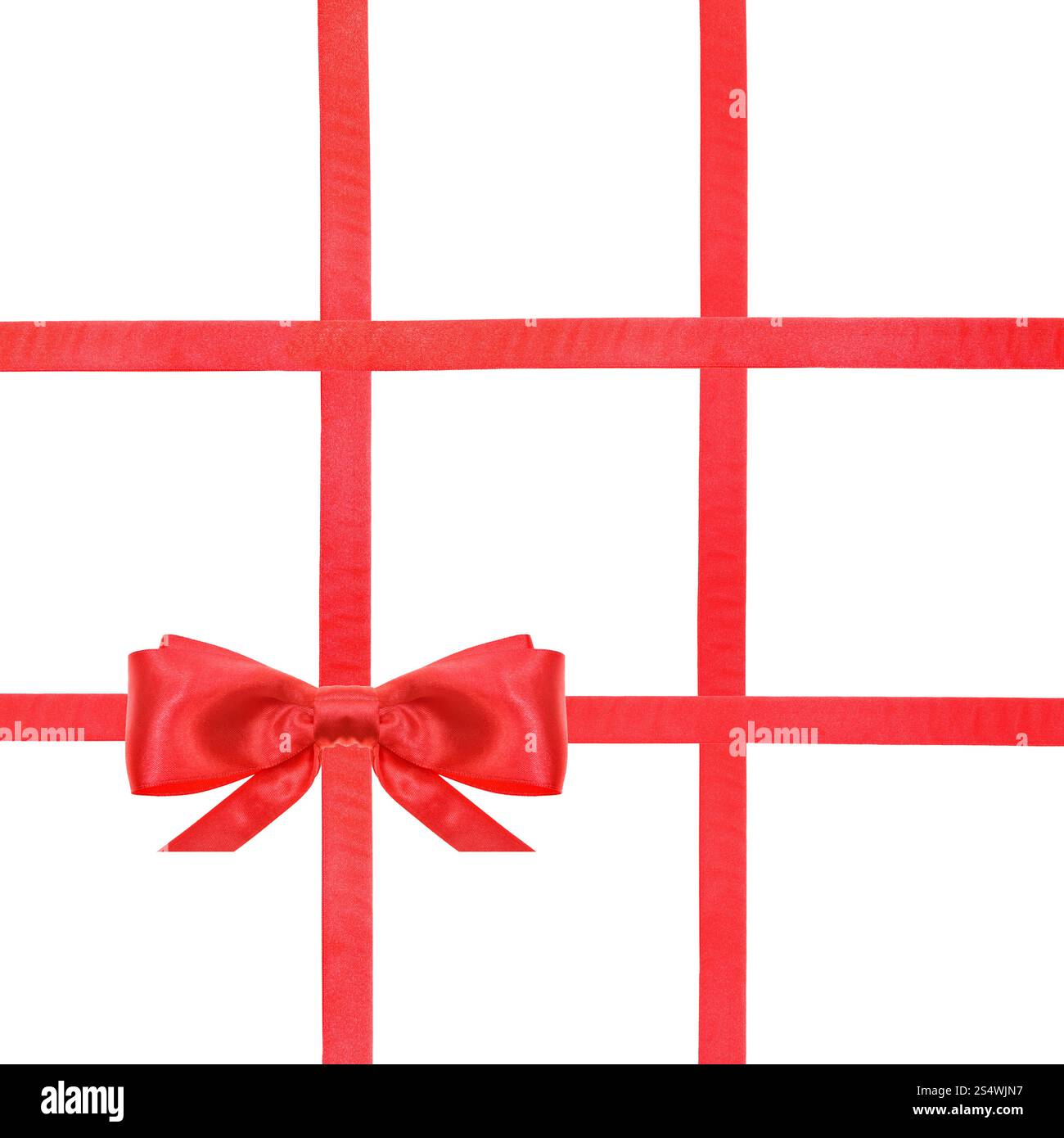 one red satin bow in lower left corner and four intersecting ribbons isolated on square white ...
