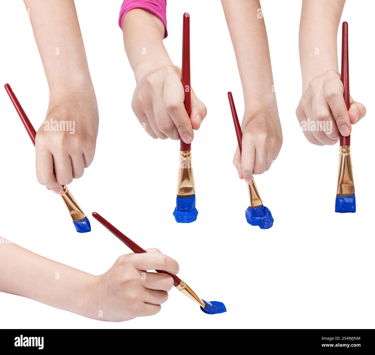 set of hands with flat art paintbrushes with blue painted tips isolated ...