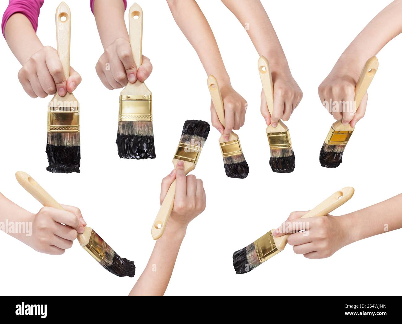 set of painter hands with flat paint brushes with black painted tips isolated on white ...