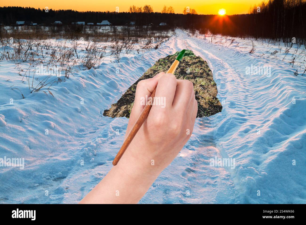 nature concept - seasons and weather changing: hand with paintbrush ...