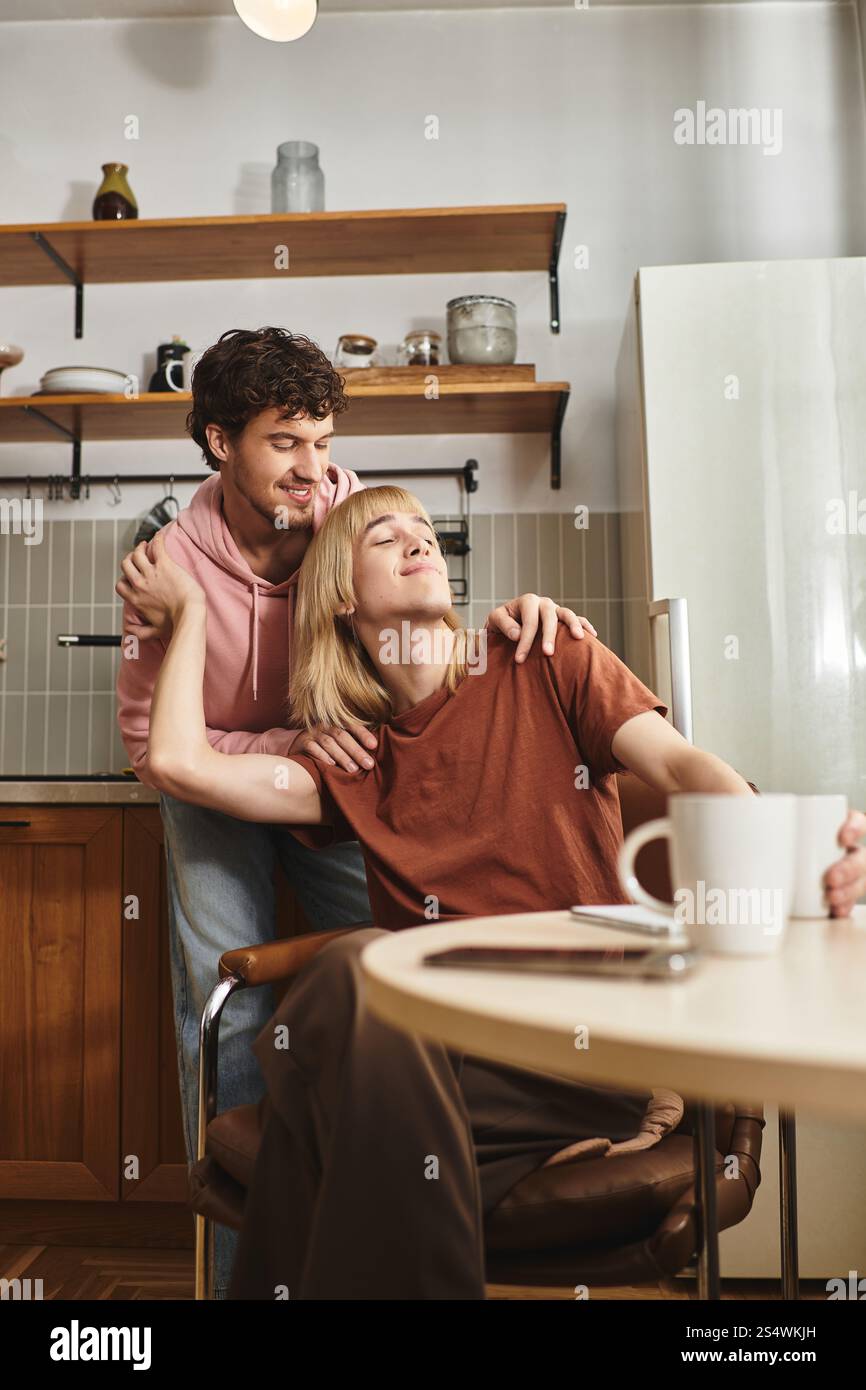 Two men share a tender moment in a welcoming kitchen, radiating love ...