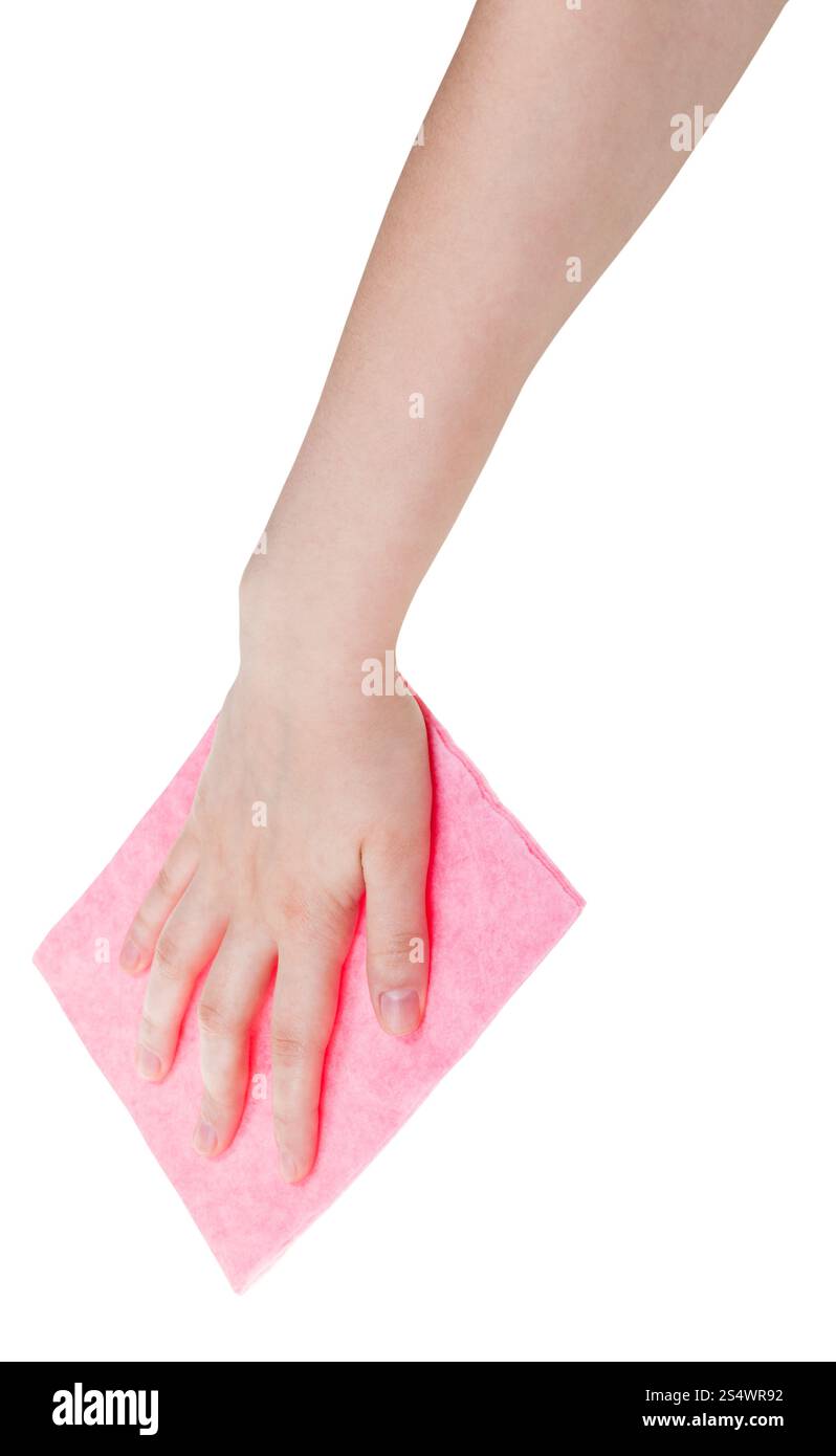 hand with pink cleaning cloth isolated on white background Stock Photo ...