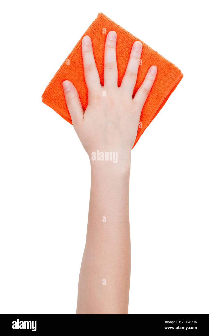 top view of hand with orange cleaning rag isolated on white background ...