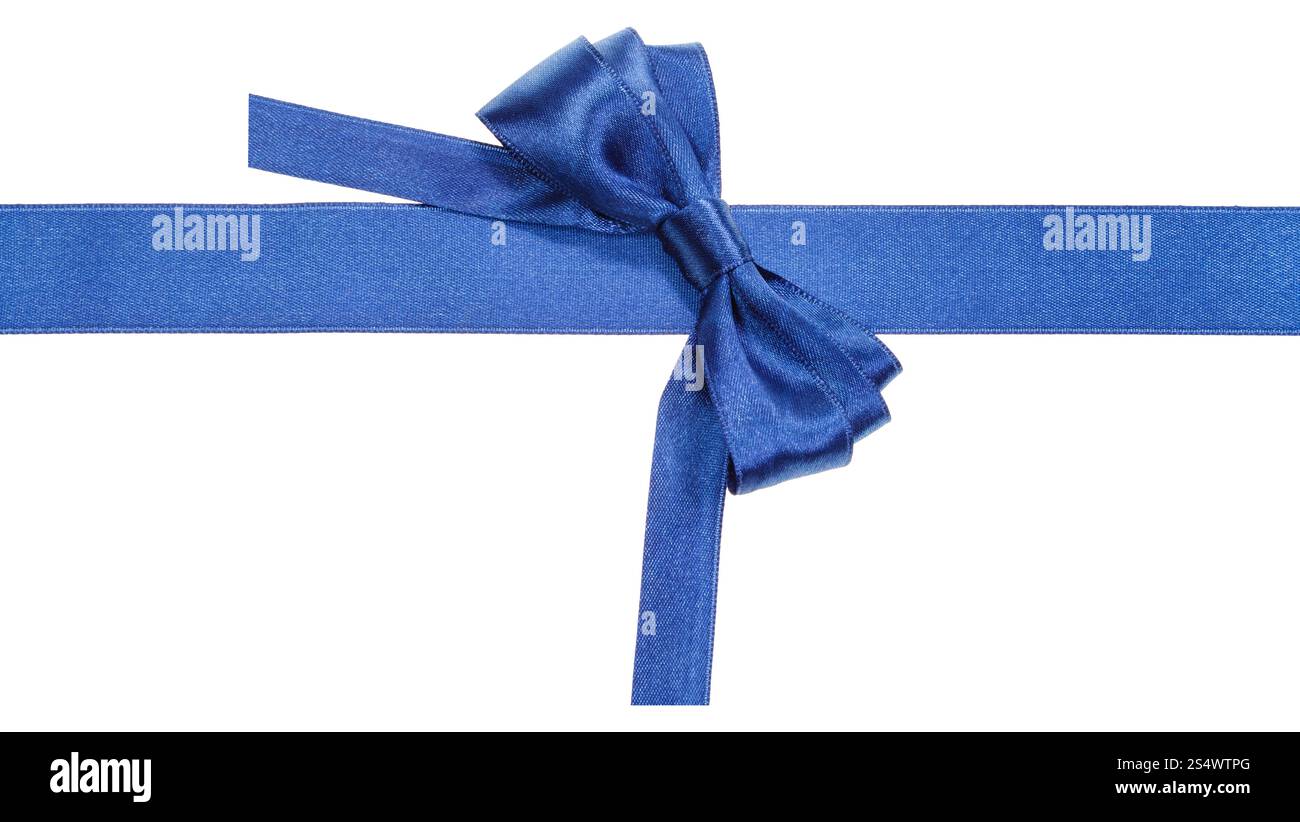 Turned real blue satin bow on narrow ribbon isolated on white ...