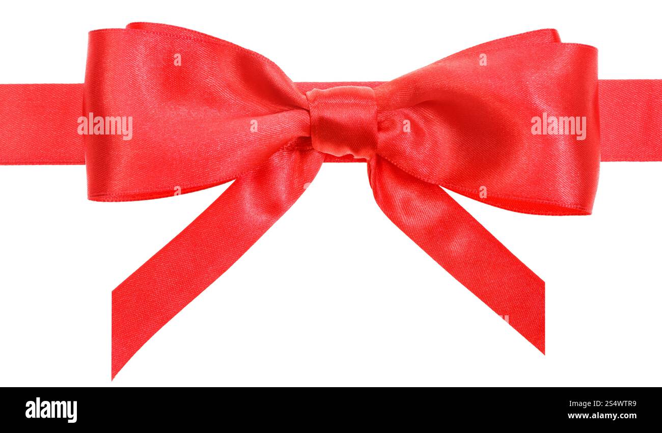 real red satin bow with vertically cut ends on ribbon close up isolated ...