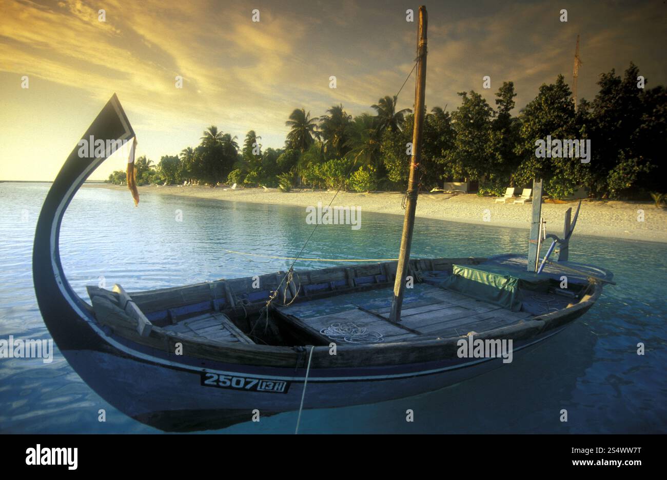 a dhoni Boat on the coast of the island and atoll of the Maldives ...