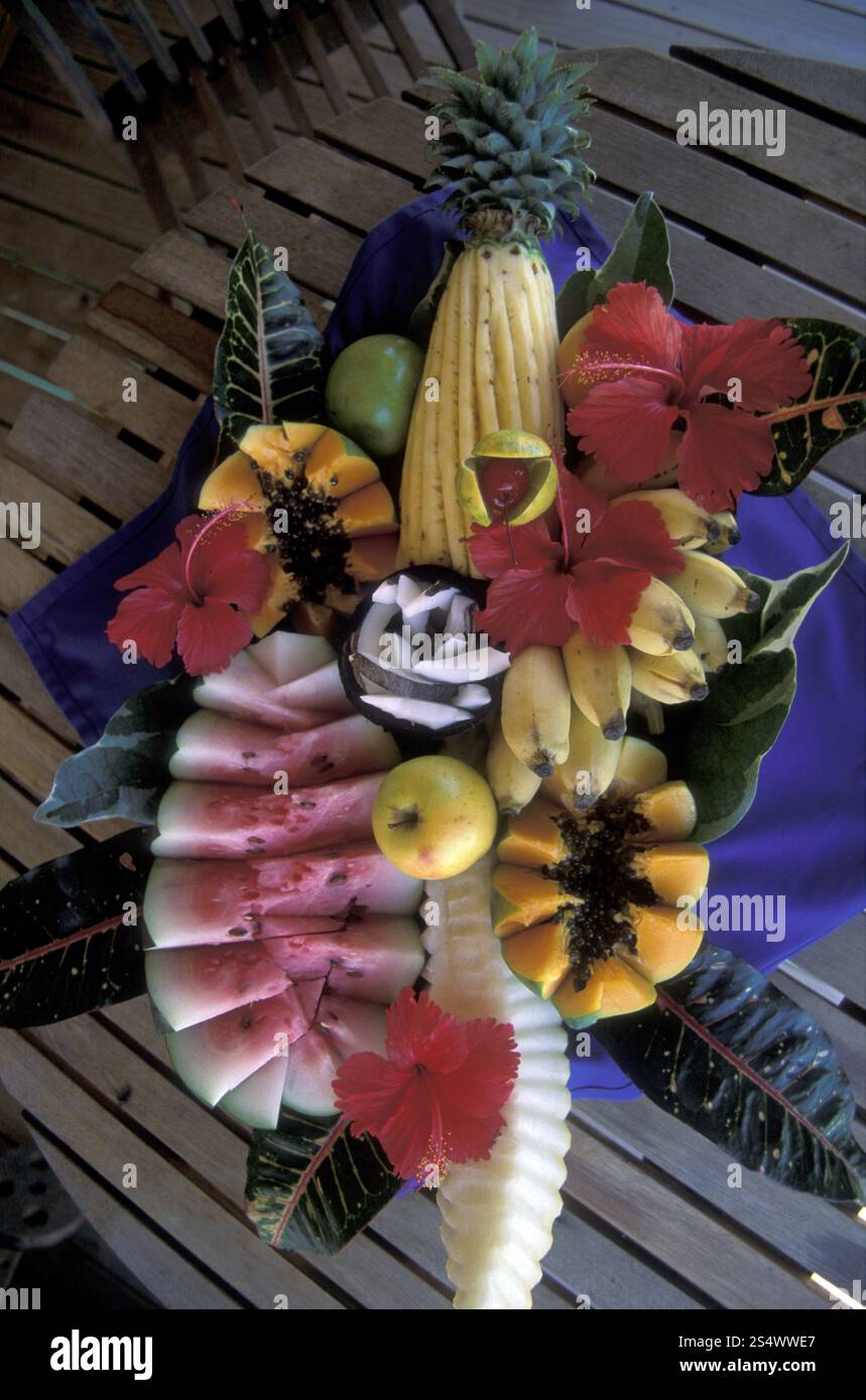 fruits in a resort on the island and atoll of the Maldives Islands in ...