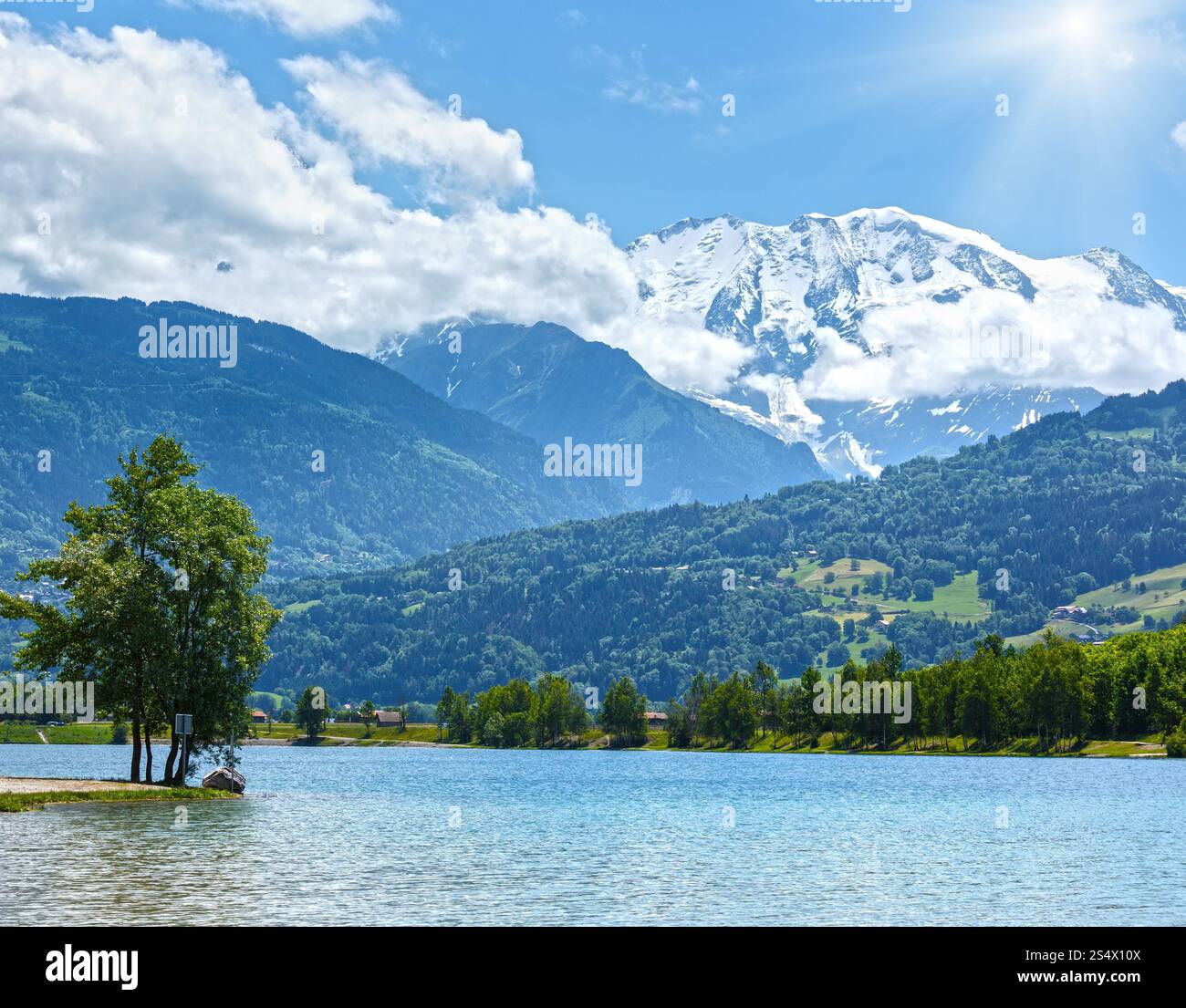 Lake Passy and Mont Blanc mountain massif summer view (Chamonix, France ...