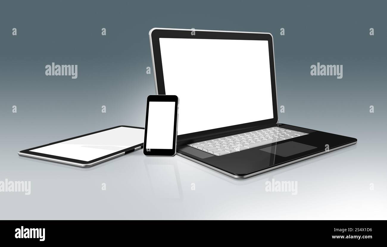 3D High Tech laptop, mobile phone and digital tablet pc - isolated with ...