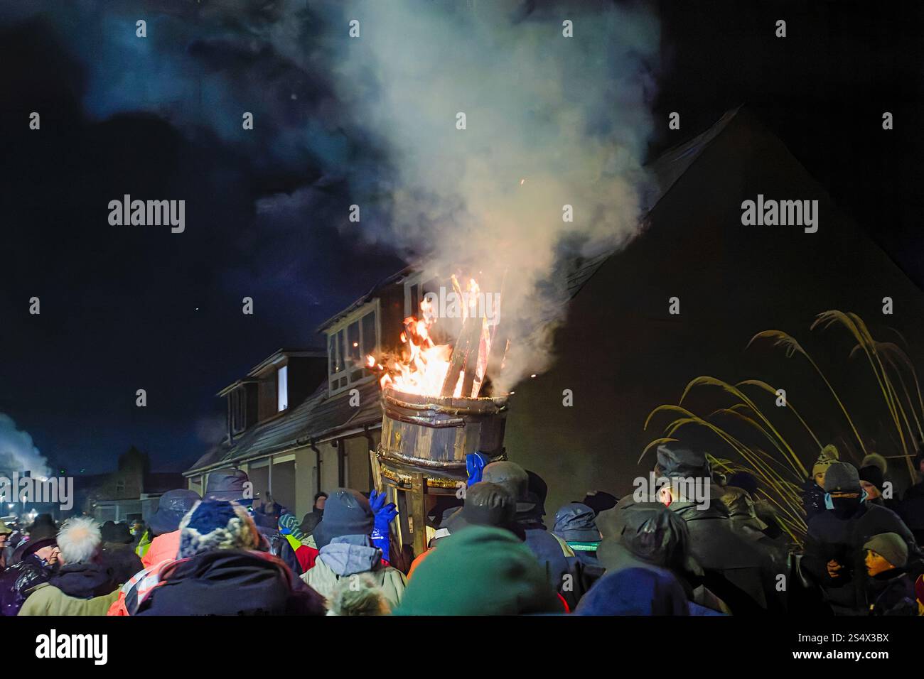 Burning of the Clavie 2025 Burghead Moray Scotland smoke and flames the ...