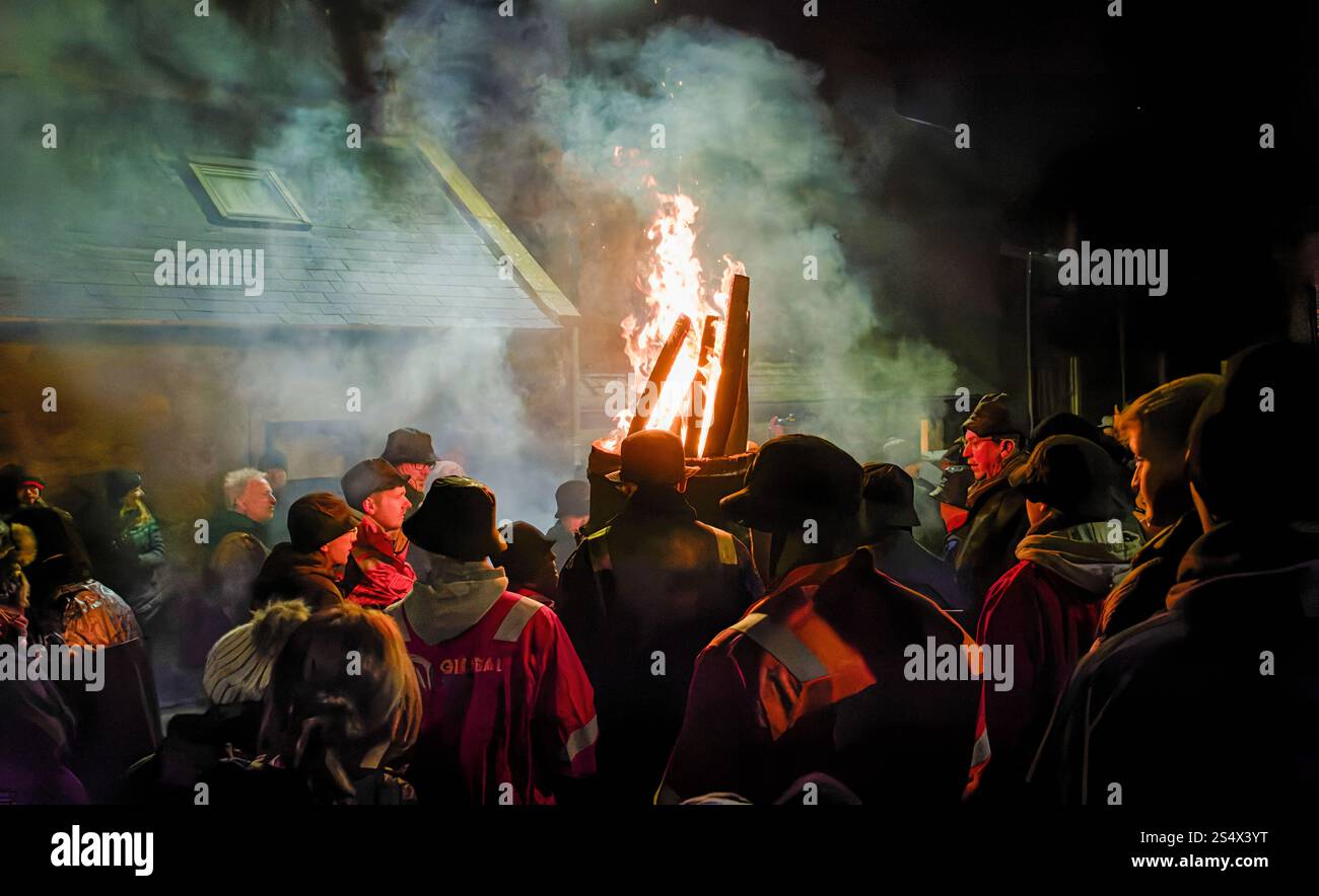 Burning of the Clavie 2025 Burghead Moray Scotland smoke and the crowd ...