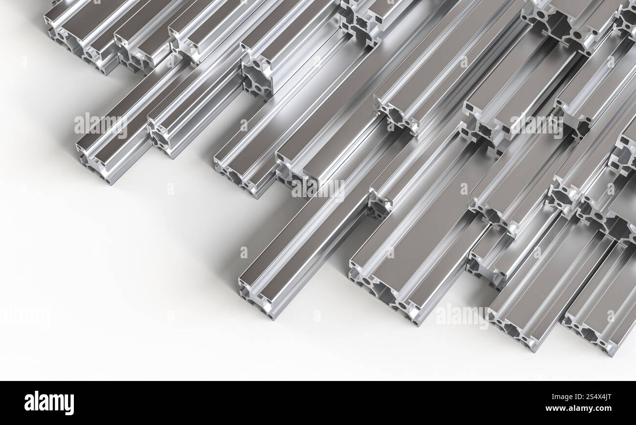 Stacked aluminum profile on white background industry and construction ...