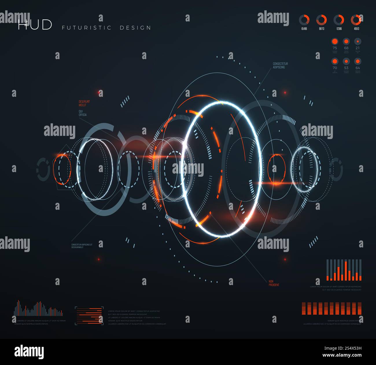 Futuristic virtual hud interface. Technology digital screen with control panels, chart, diagrams ...