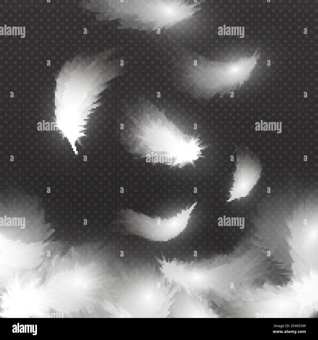 Falling white fluffy feathers on air isolated on black background. Easy ...