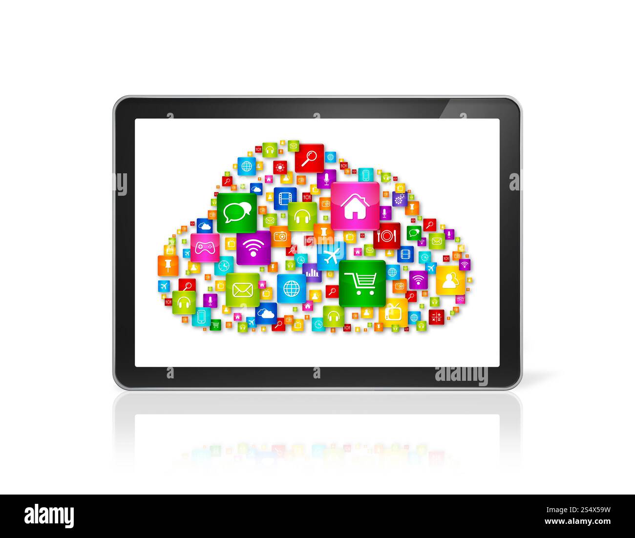 3D Cloud computing symbol in Tablet pc computer - front view - isolated on white. Cloud ...