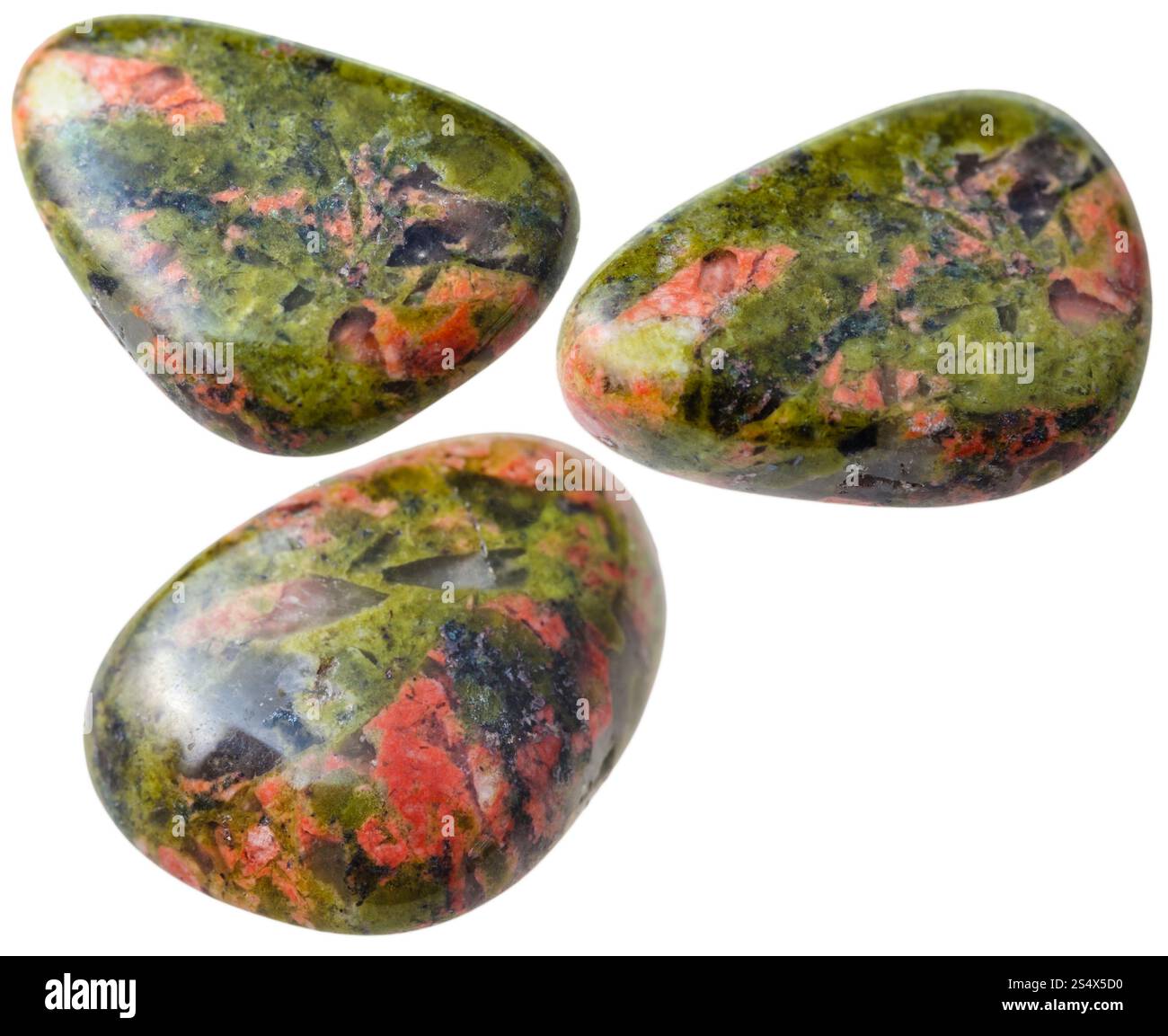 natural mineral gem stone - three Unakite gemstones isolated on white ...