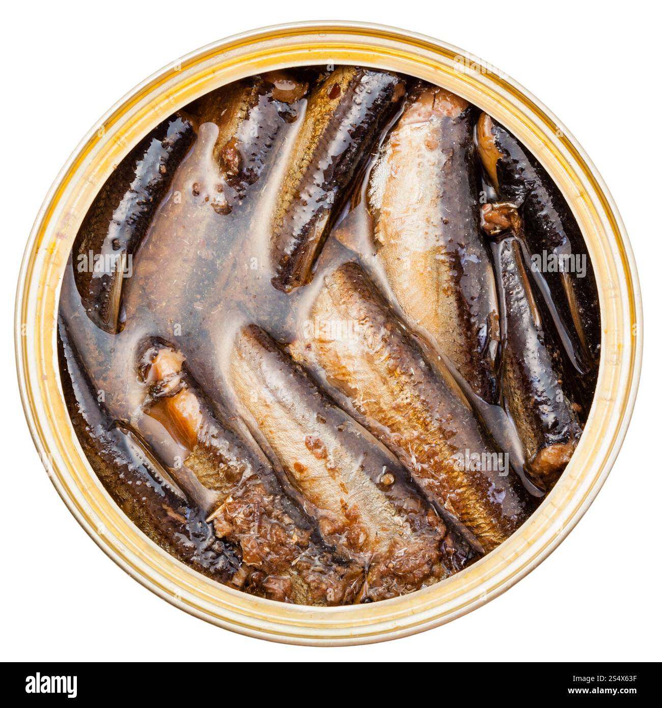 above view of canned smoked sprats fish in oil in tin isolated on white ...