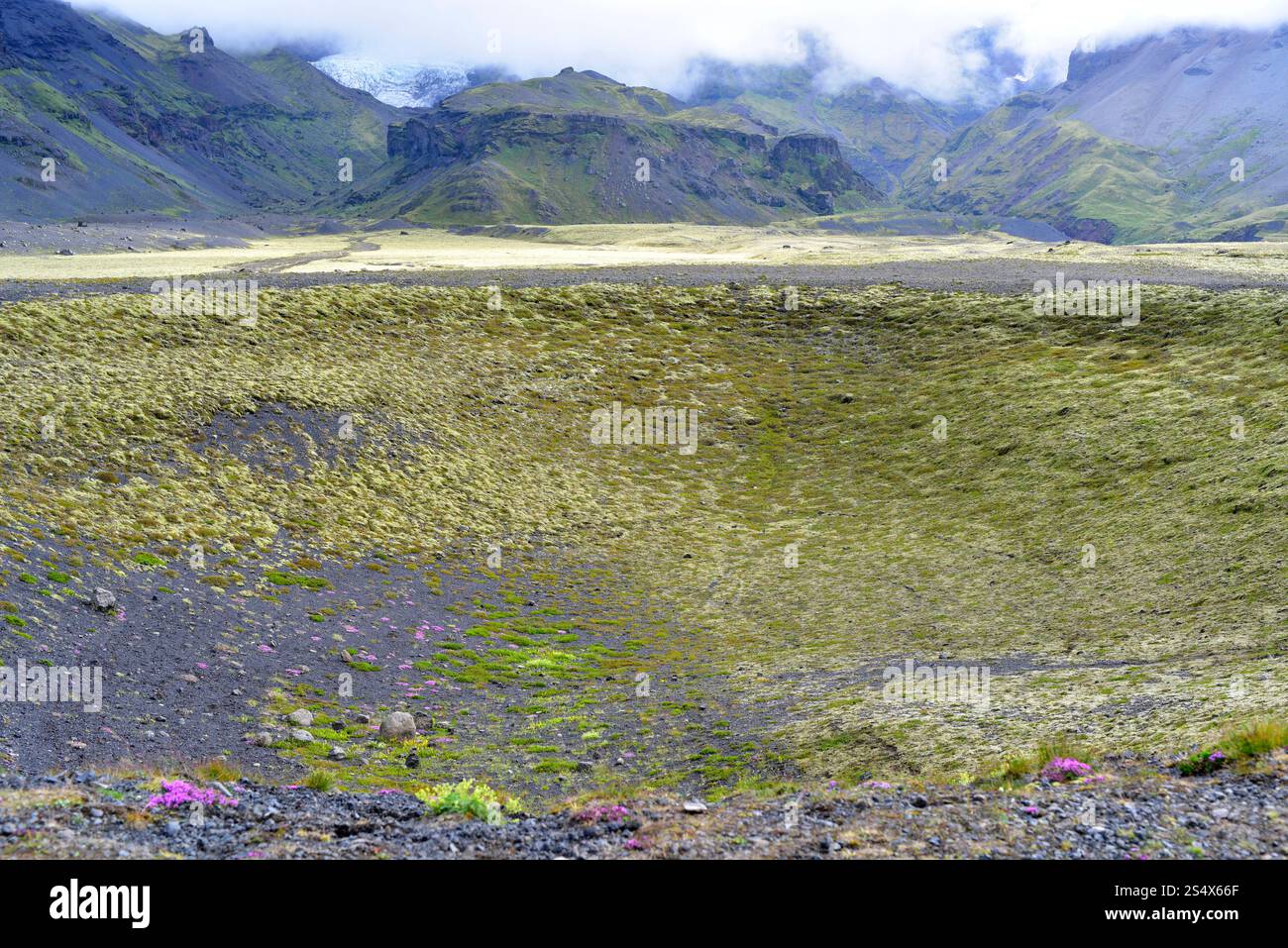 Overdeepened glacial basin. At bottom Vatnajokull ice cap. Sudurland ...
