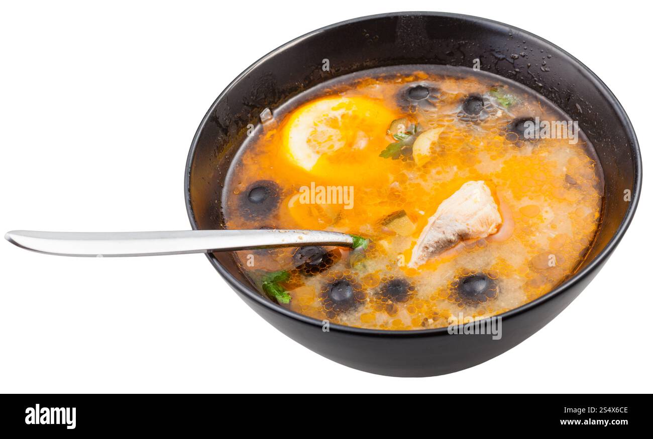 above view of Solyanka russian traditional spicy and sour soup with ...