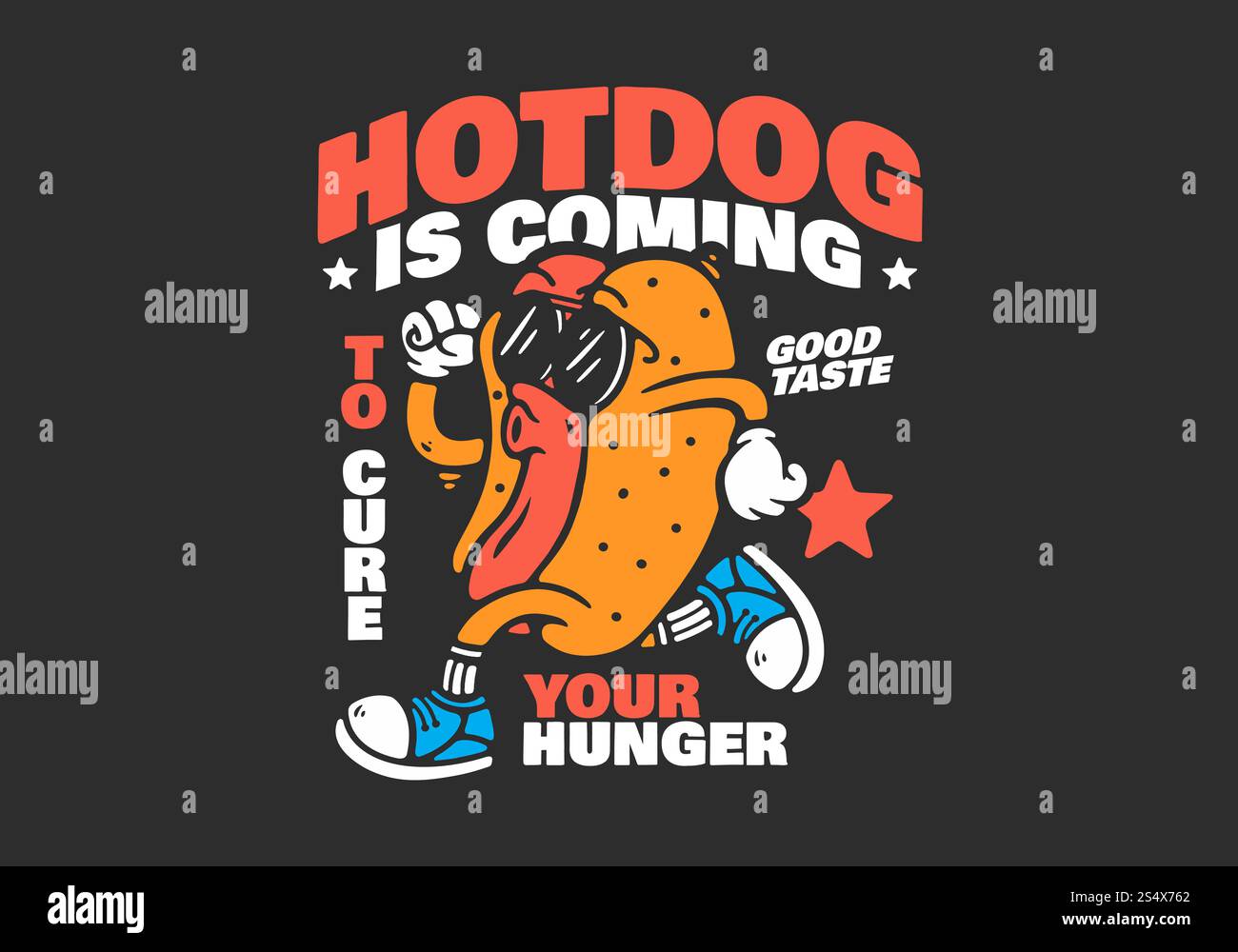 Hot Dog with sunglasses mascot character in running pose, black ...